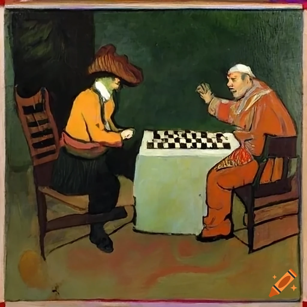 Artwork of the pope playing checkers with a cowboy in a Wild-West rodeo ...