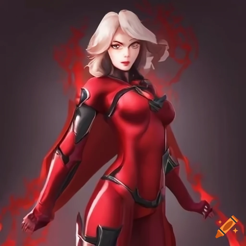 Elegant lady hero in a cherry red suit with fire powers