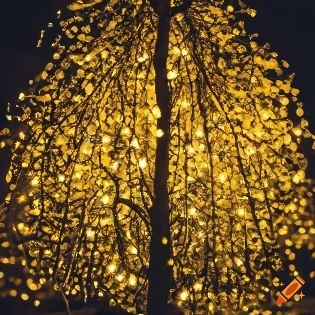 Nighttime scene of a tree with white and yellow garland on Craiyon