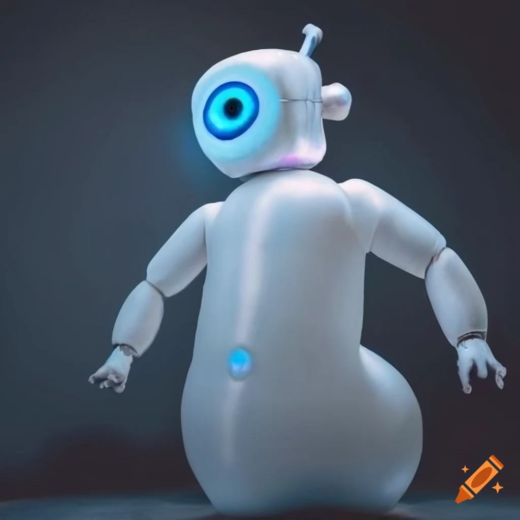 Inflatable latex robot with glowing blue eye in lab on Craiyon