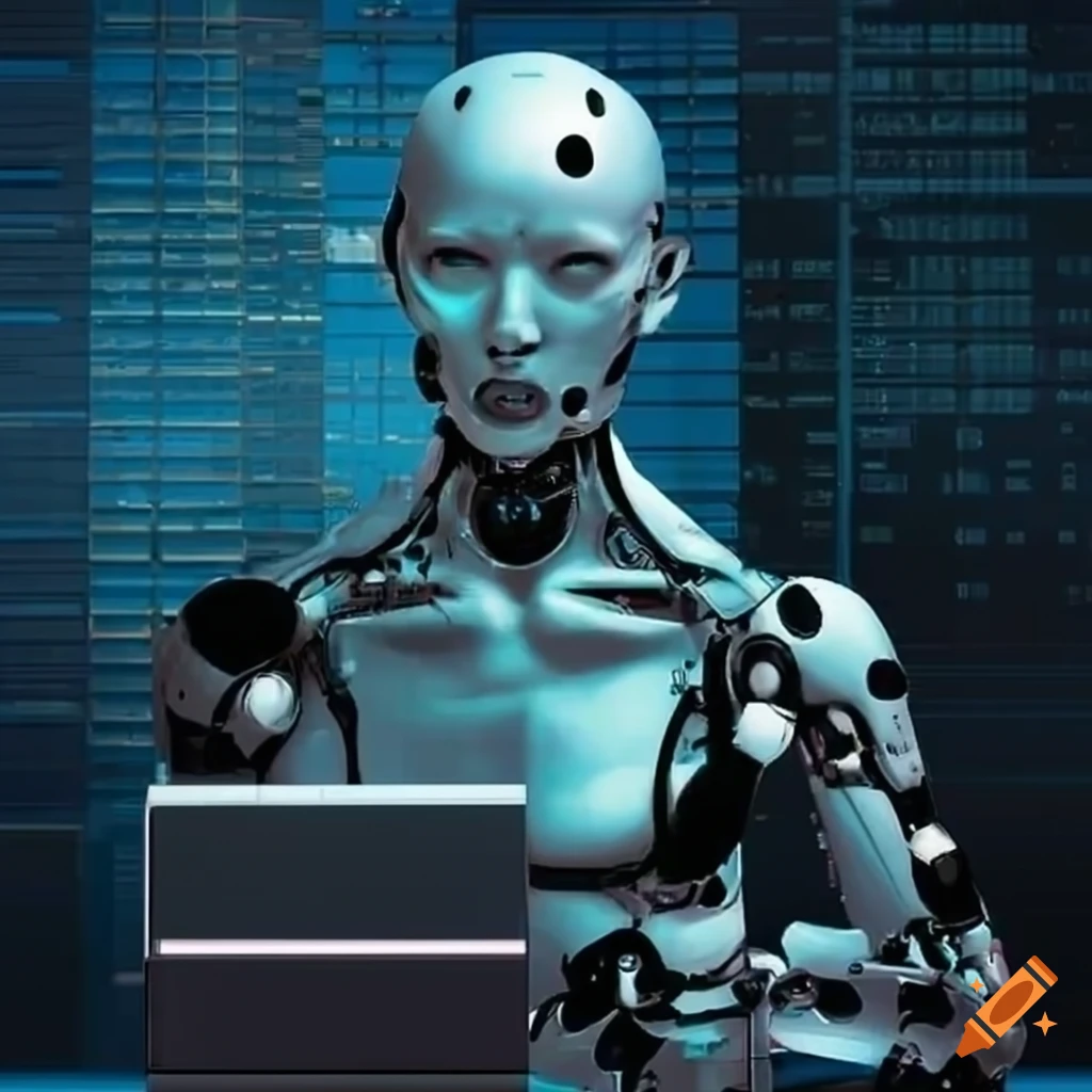 Cyborg working on a computer on Craiyon