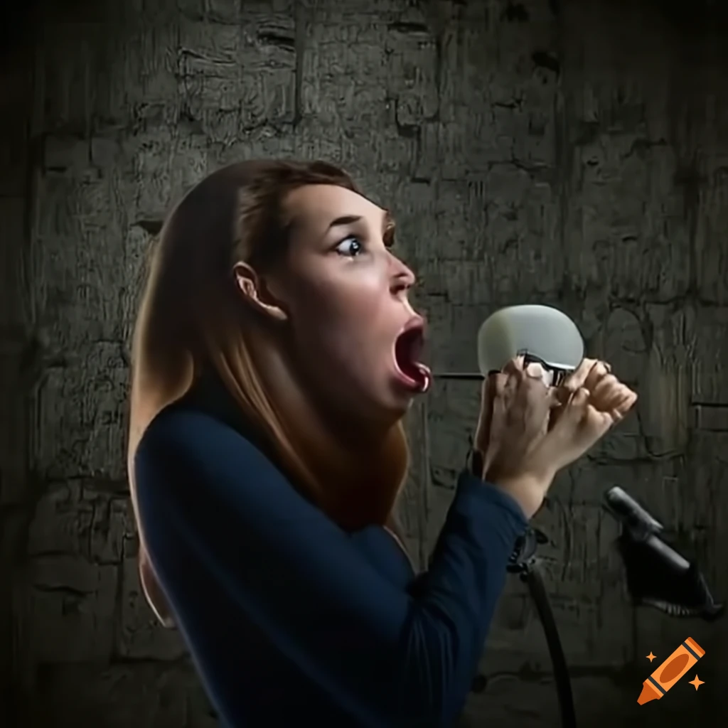 Blonde male comedian laughing on stage with a microphone on Craiyon