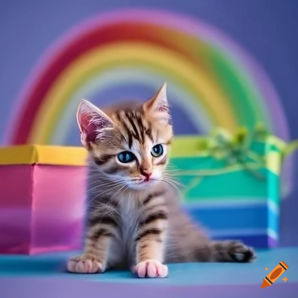Colorful gift box with a cute kitten sitting on a rainbow on Craiyon