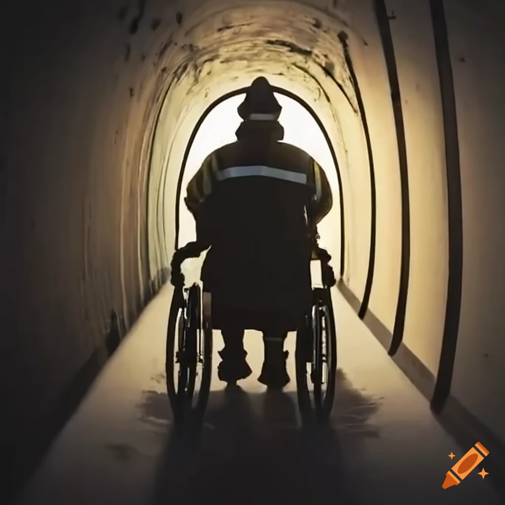 Firefighter helping person in wheelchair in tunnel