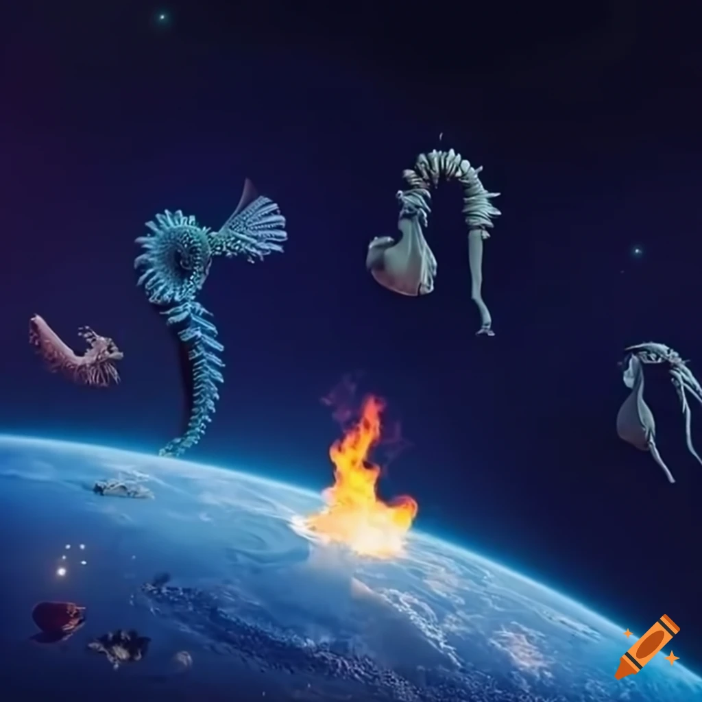 Retro-style woman on an alien planet with sea horses