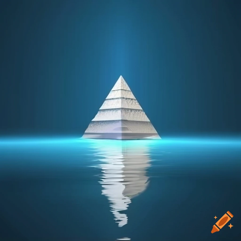 Abstract 3D rendering of pyramid with reflection on water on Craiyon