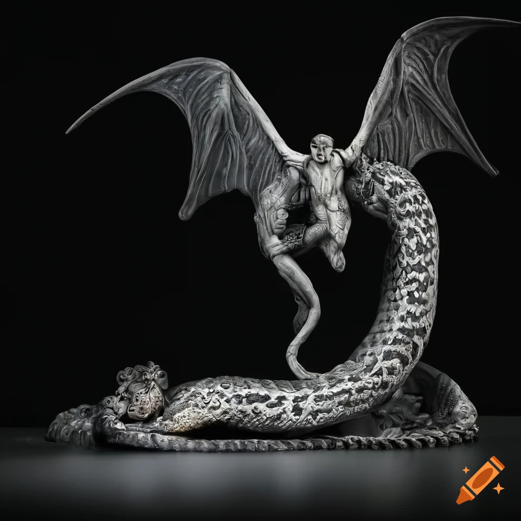 Dark statue of a snake and a bat embracing on Craiyon