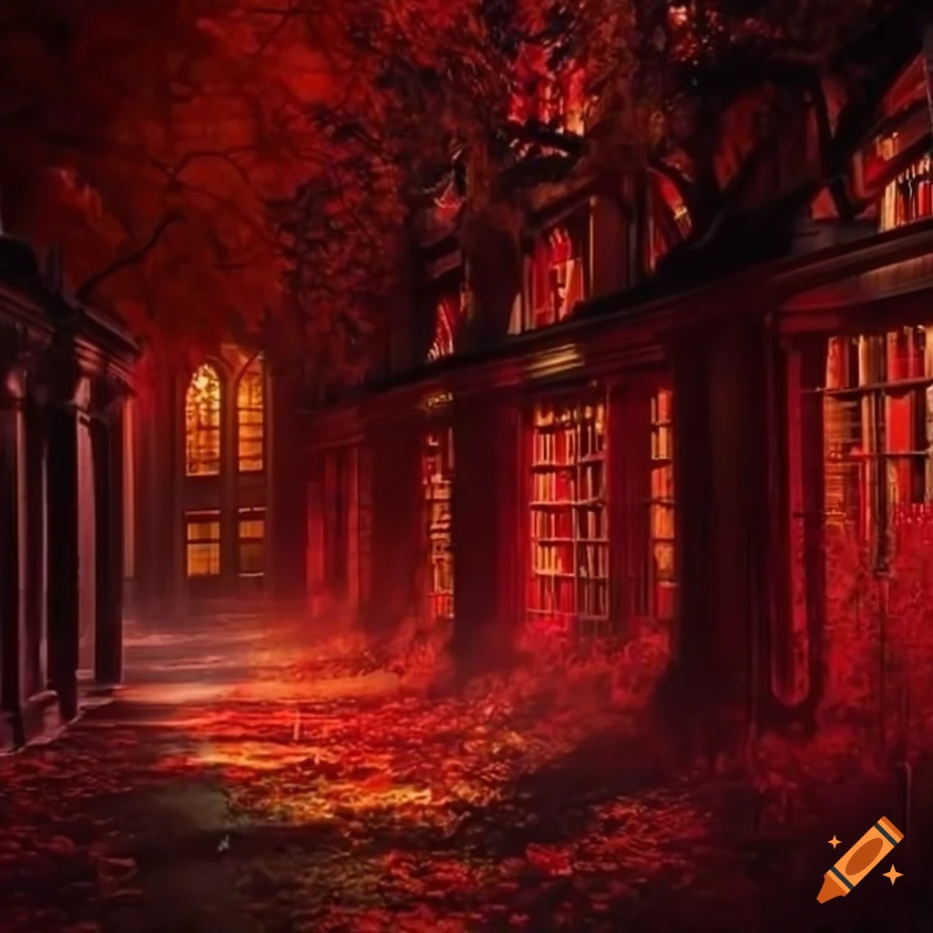 Red glowing circular library with vines and water floor on Craiyon