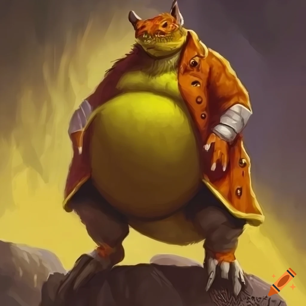 Illustration of a fat yellow kobold in a winter coat on Craiyon