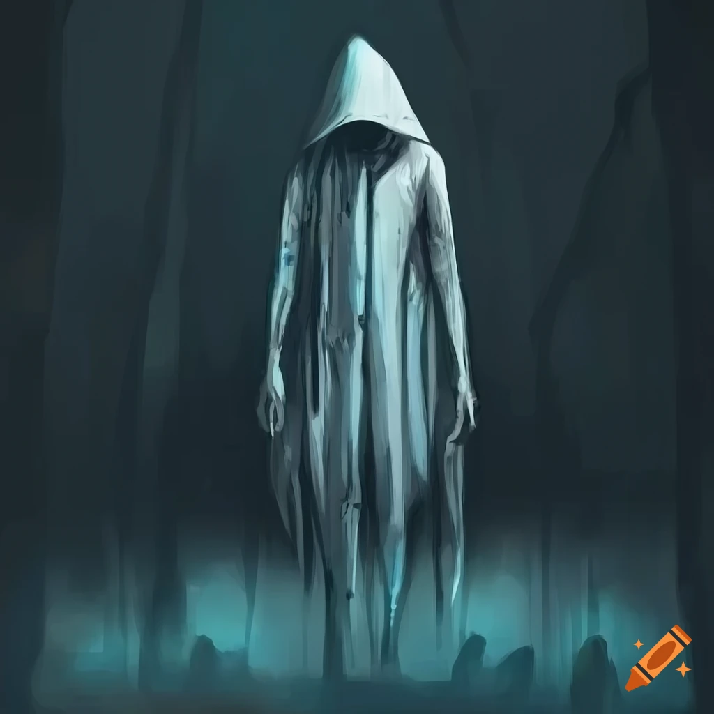 Ghostly figure in a white cloak in a character portrait on Craiyon