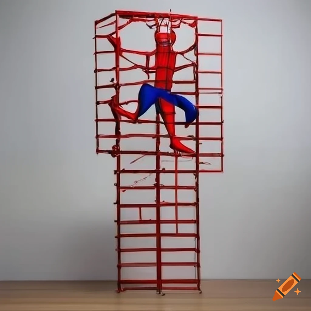 A metal climbing frame in the shape of spider-man with brown blocks of ...