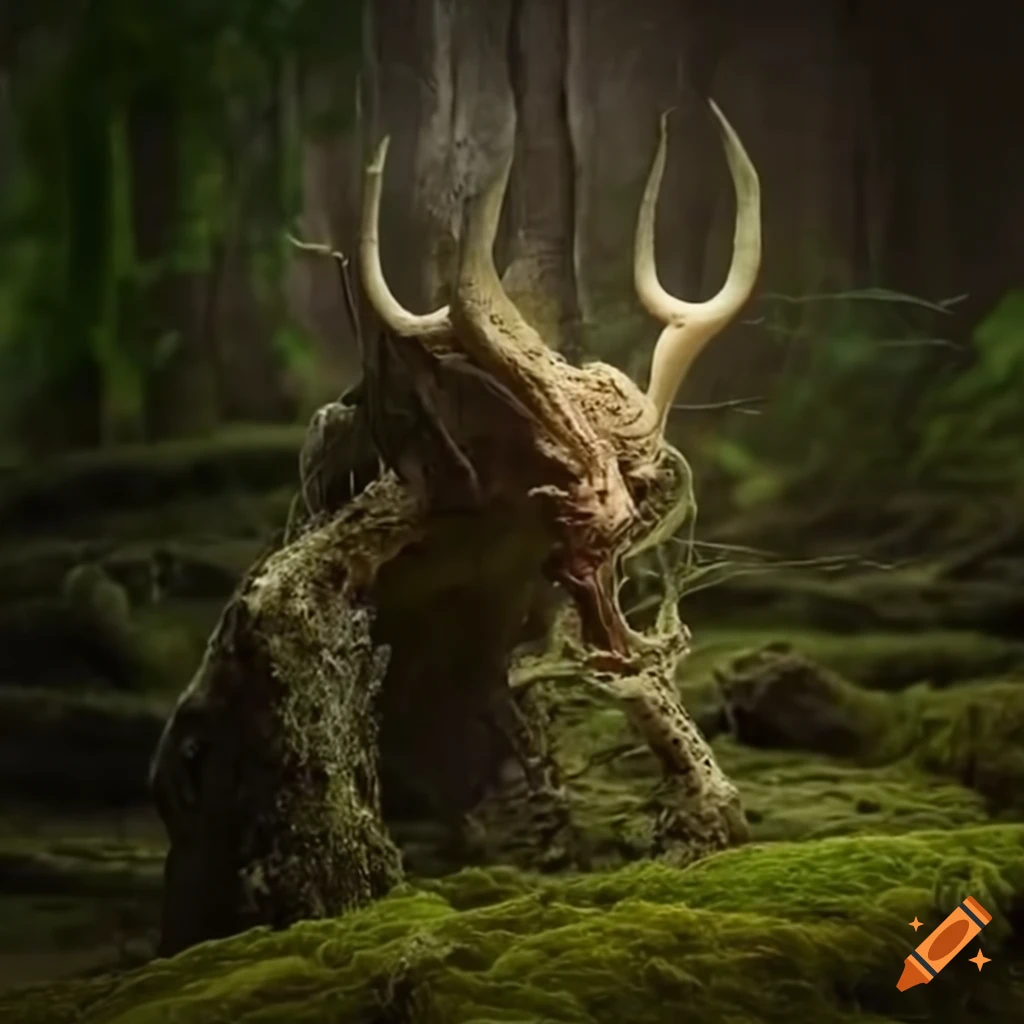 Illustration of horned creatures in mossy ruins