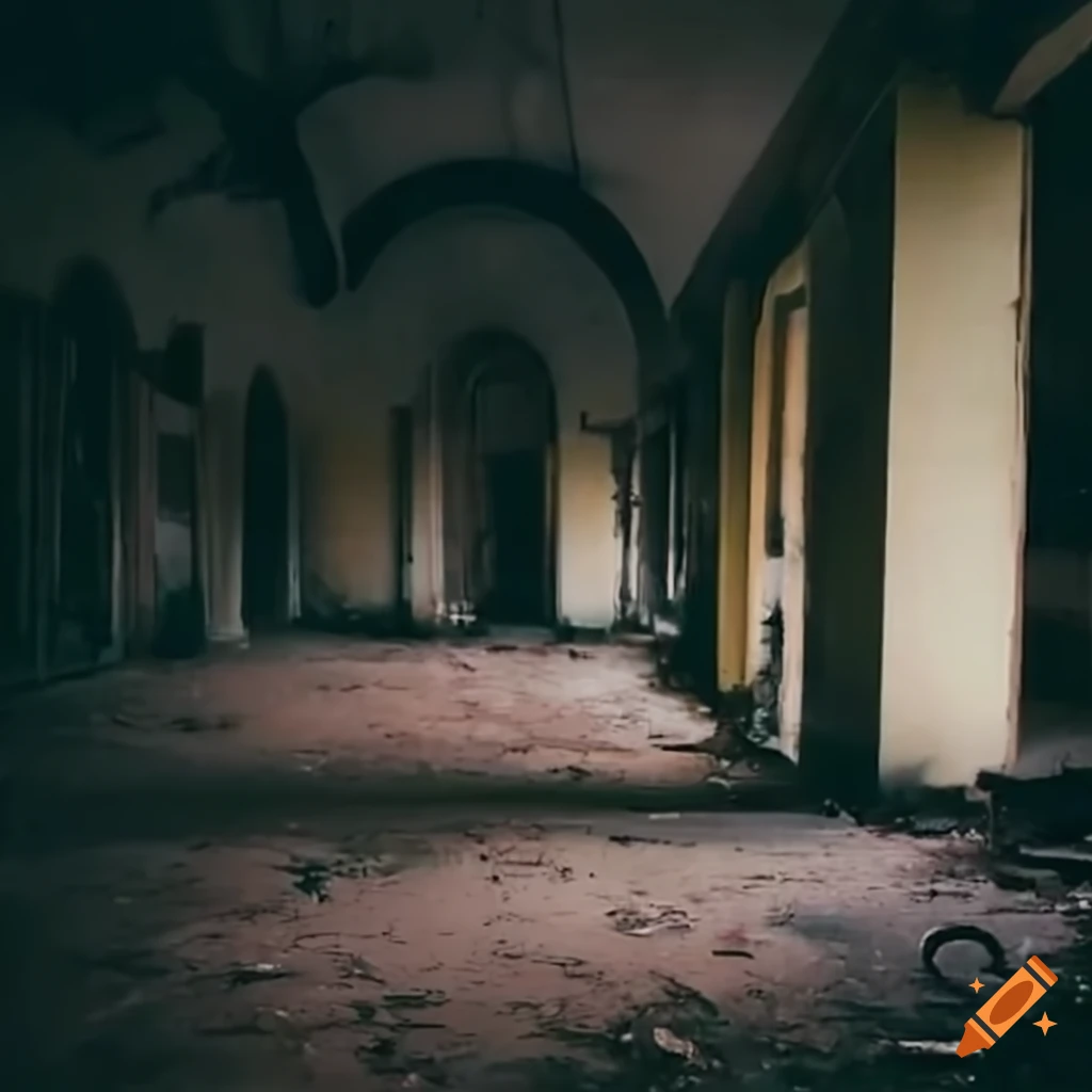 Close-up of flooded brick doorway with abandoned buildings sinking into ocean in golden-orange ...