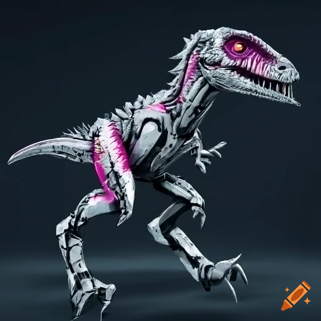 Magenta robotic velociraptor with sharp claws and teeth on Craiyon