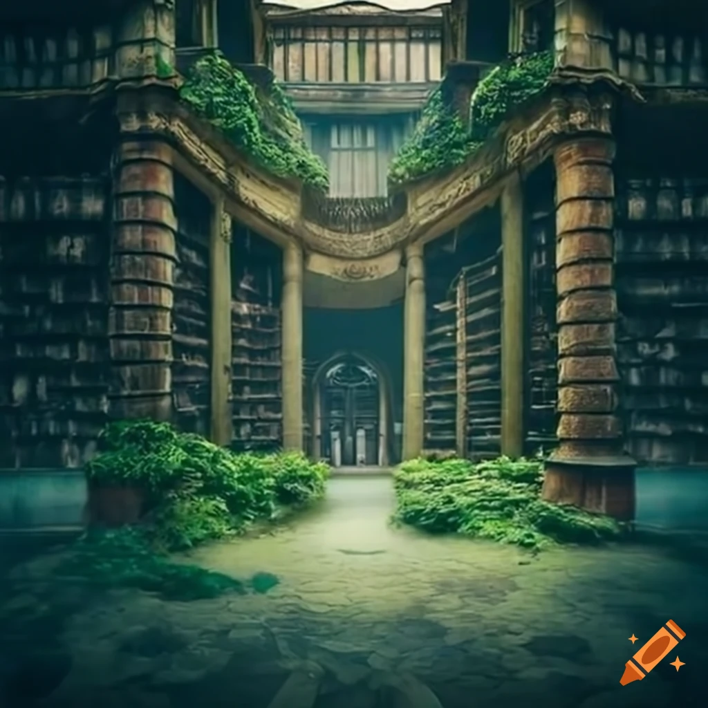 Mysterious library enveloped in fog