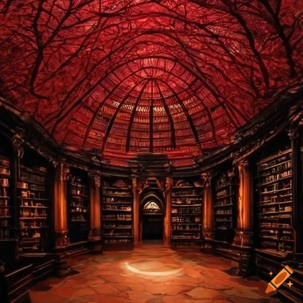 Glowing library with red vines and water floor on Craiyon
