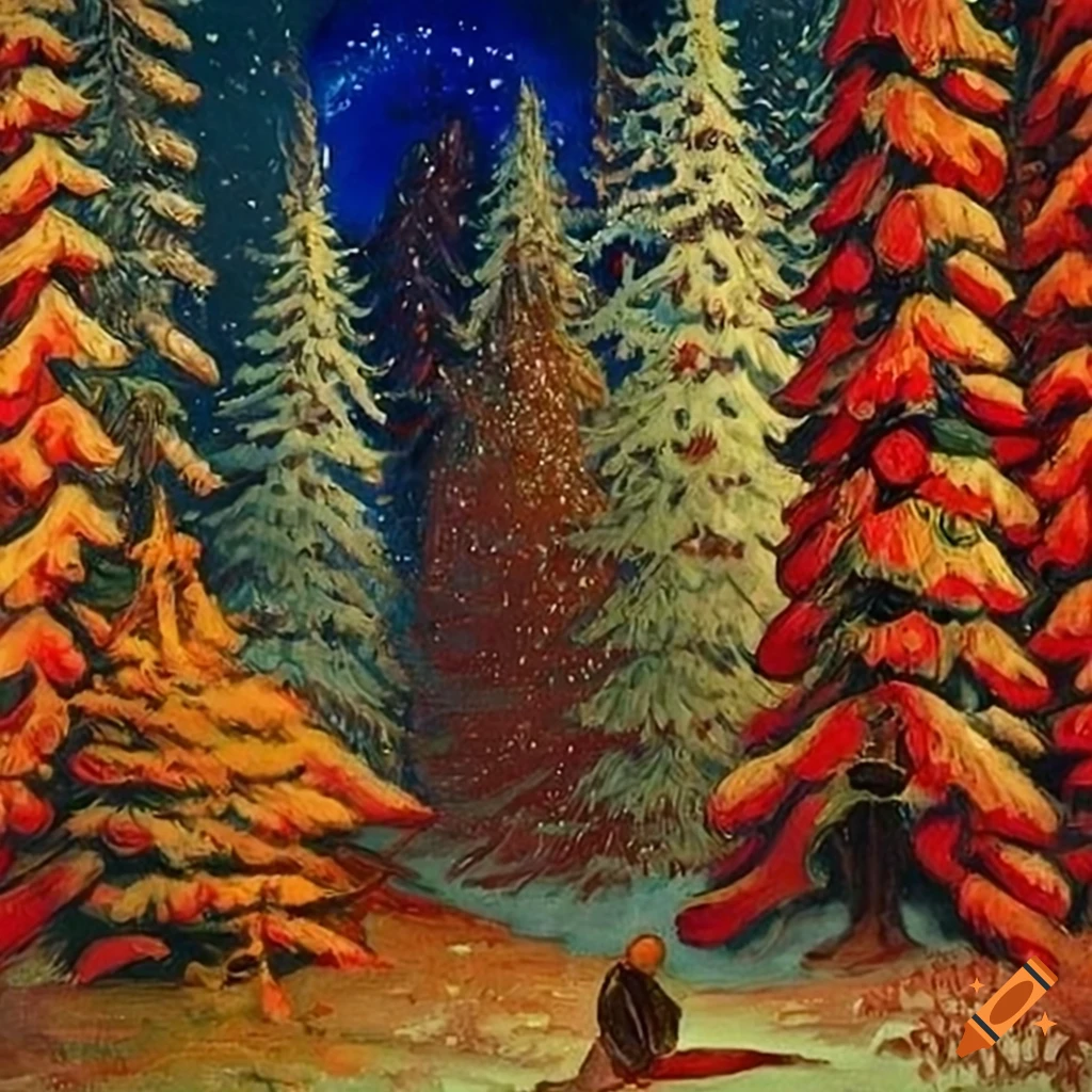 Intricate oil painting of a festive Christmas forest scene on Craiyon