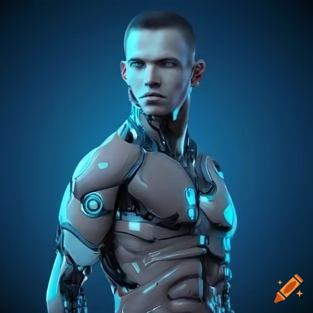 Detailed male cyborg with dark blue background on Craiyon