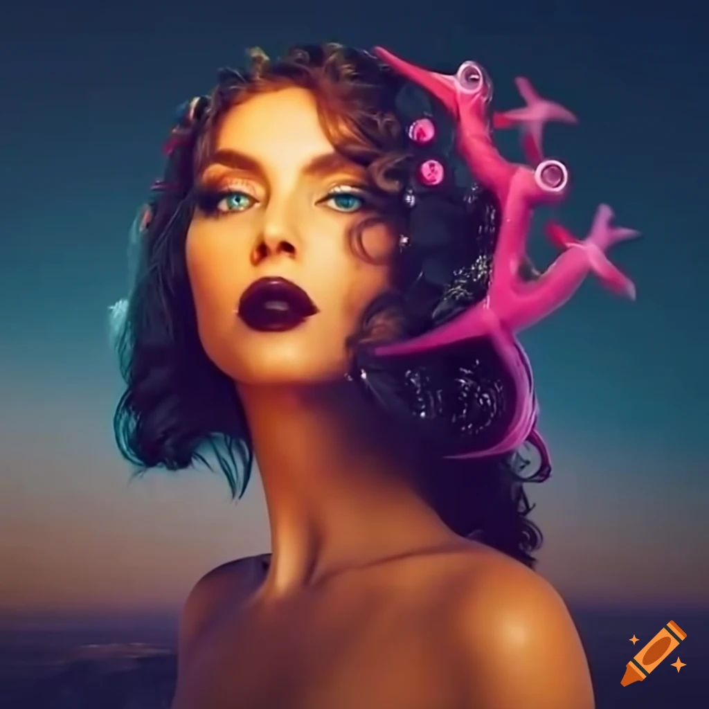 Futuristic retro-style woman on an alien planet with sea horses on Craiyon