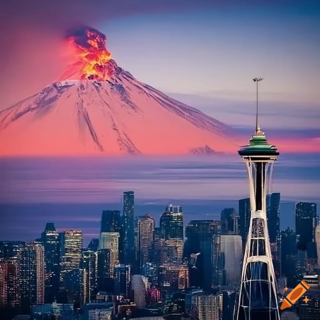Seattle skyline with erupting volcano in the distance on Craiyon