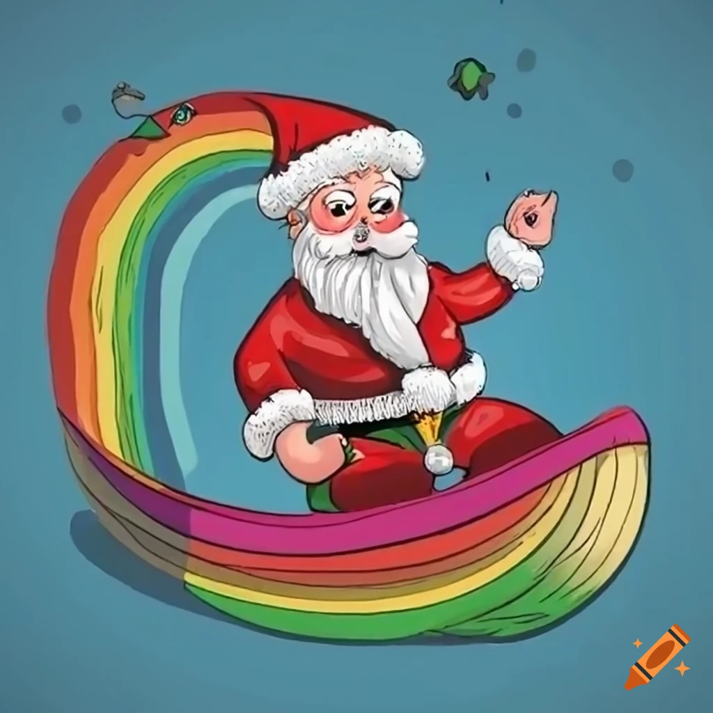Santa claus kayaking on a rainbow in comic art
