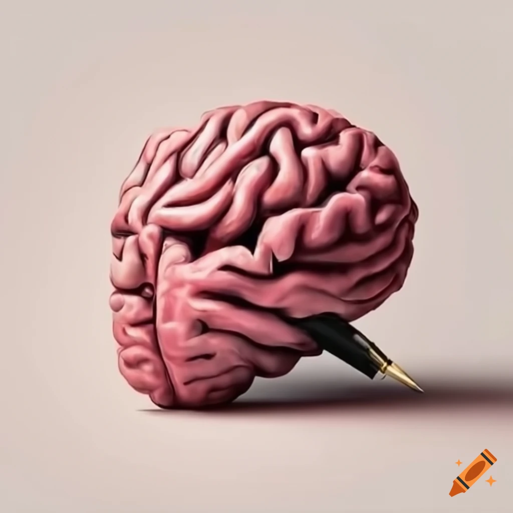 Artistic drawing of a brain writing with a pen on Craiyon