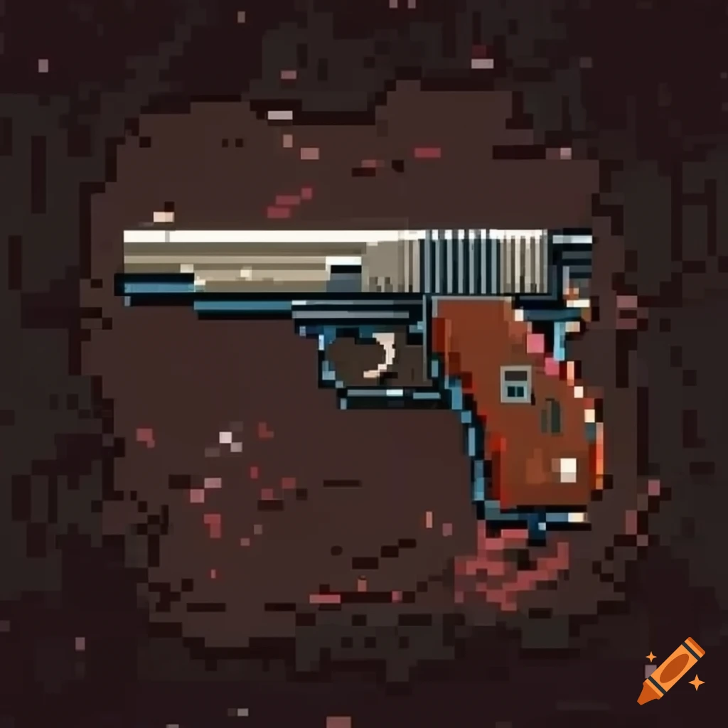 Detailed pixel art of a ww1 semi-automatic pistol on a bloody floor on Craiyon