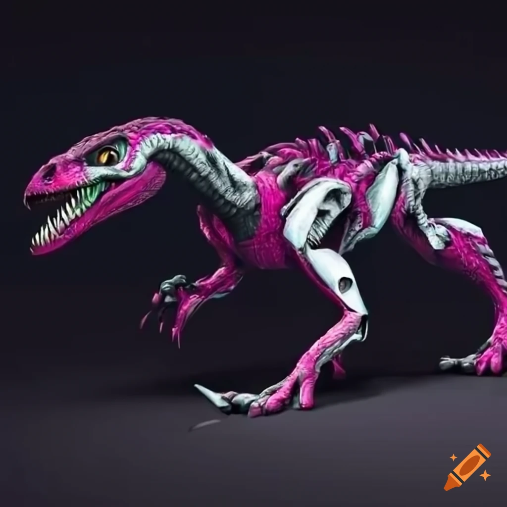 Magenta robotic velociraptor with sharp claws and teeth on Craiyon