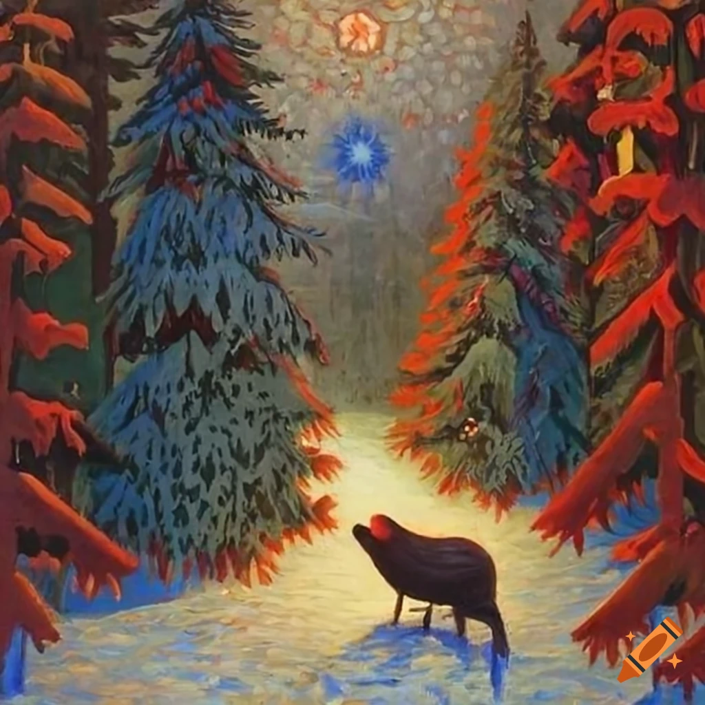 Colorful christmas forest scene in lavish and intricate oil painting on ...