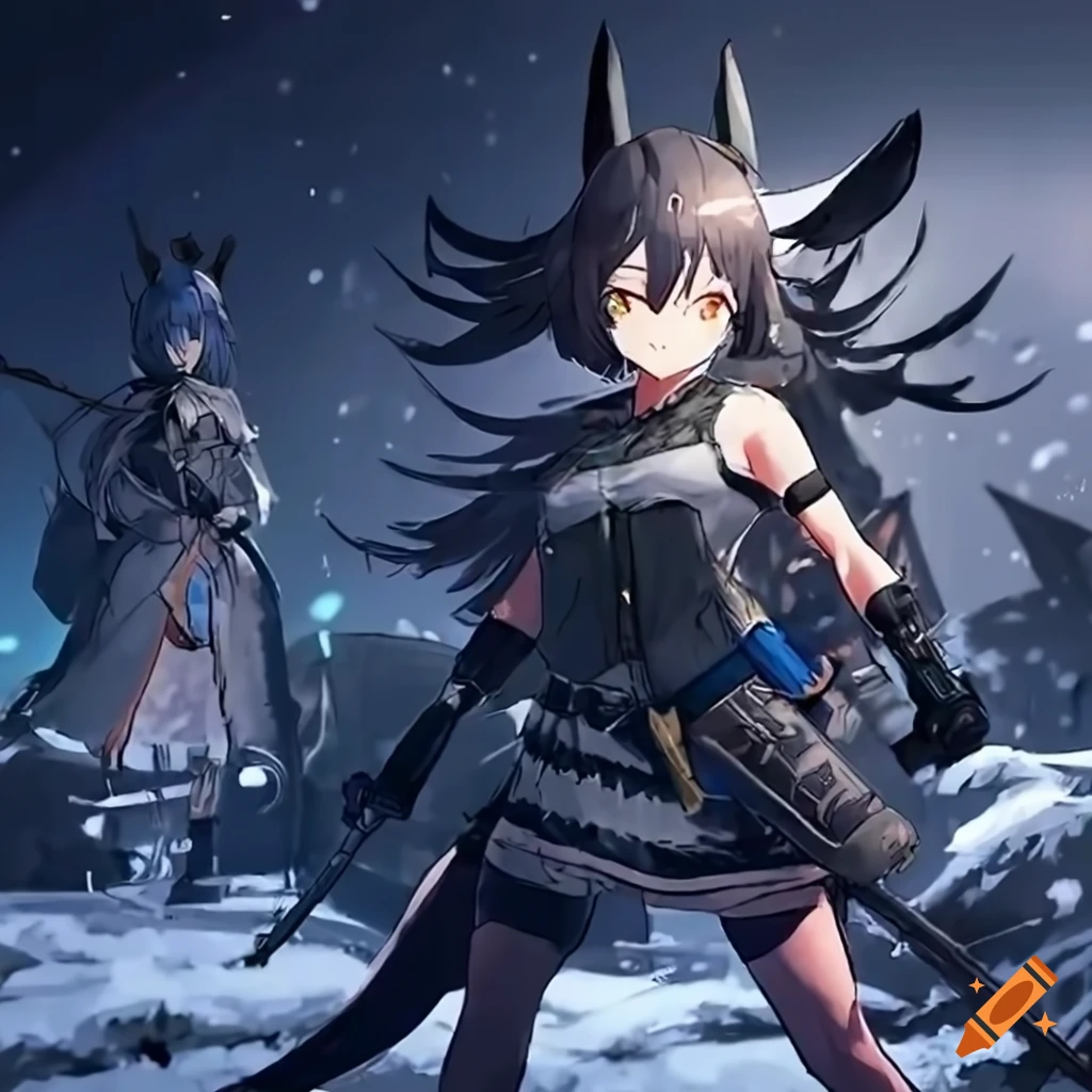 Arknights characters in a snowy ruin on Craiyon