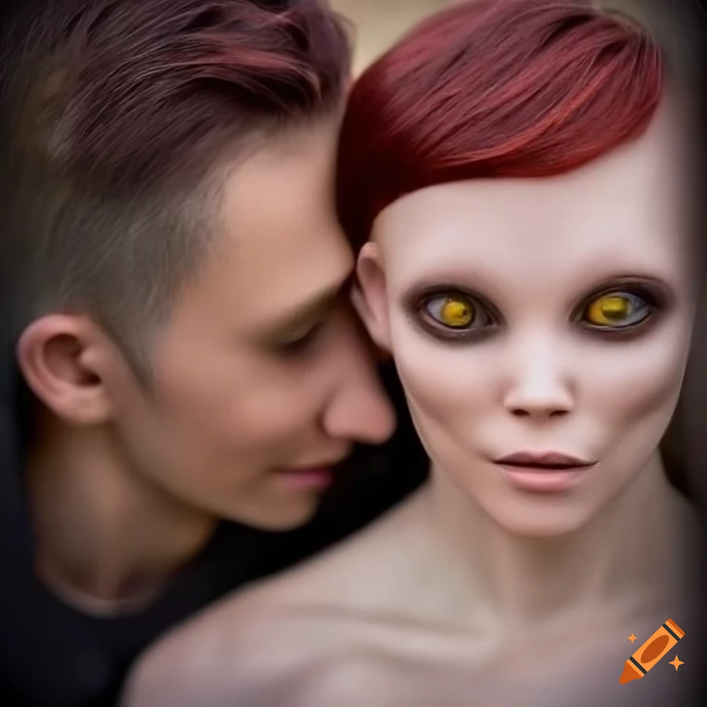 Portrait of a humanoid alien couple with maroon hair on Craiyon