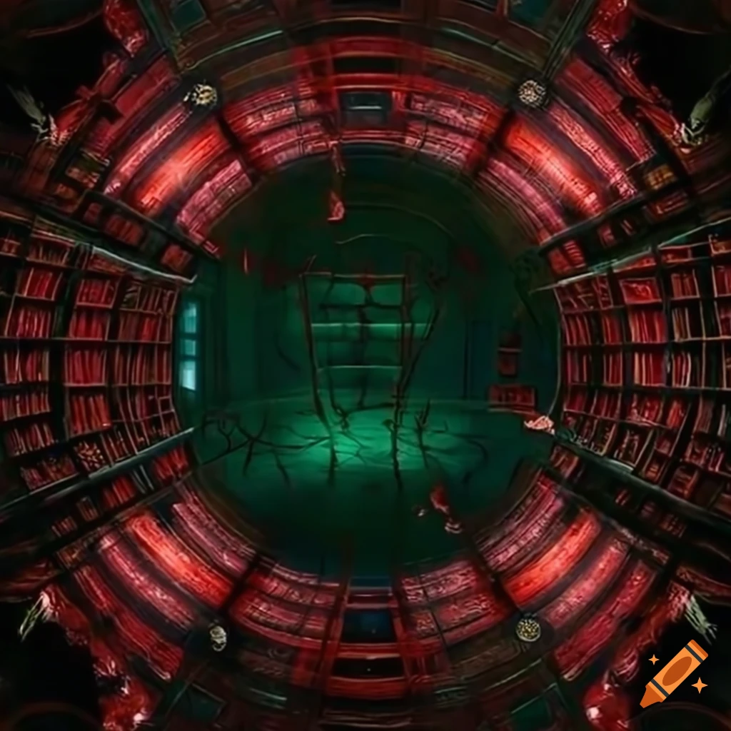 Glowing circular library with red vines and water floor