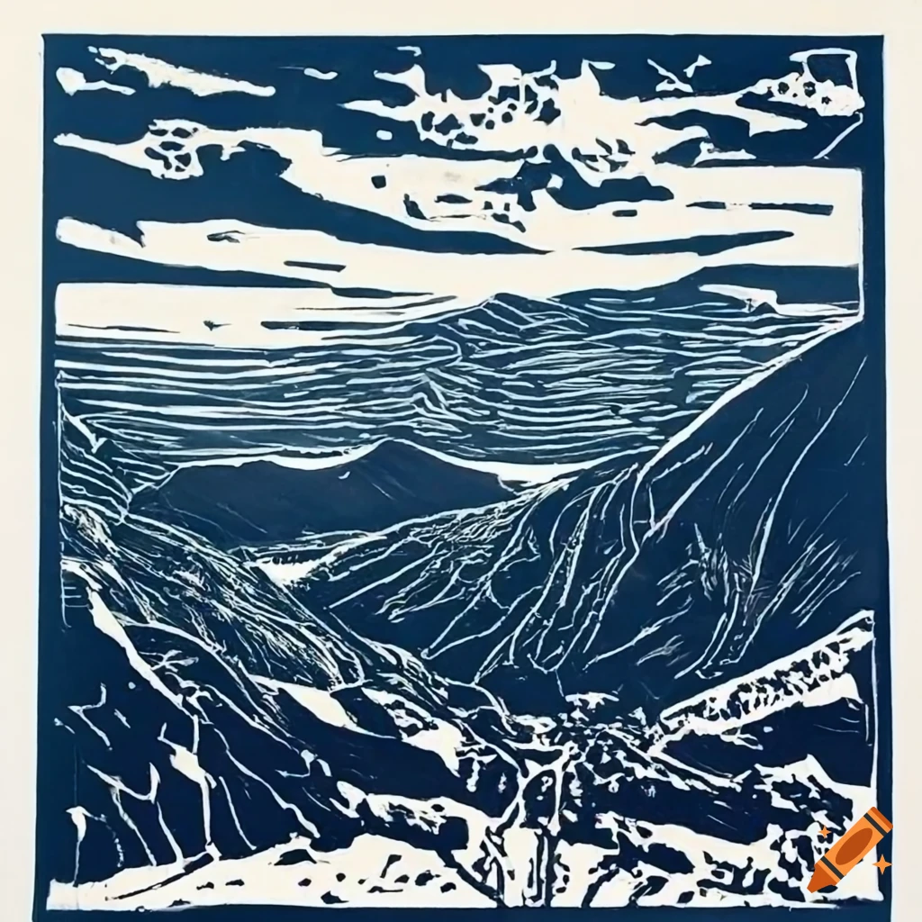 Linocut print of the catalina mountains on Craiyon