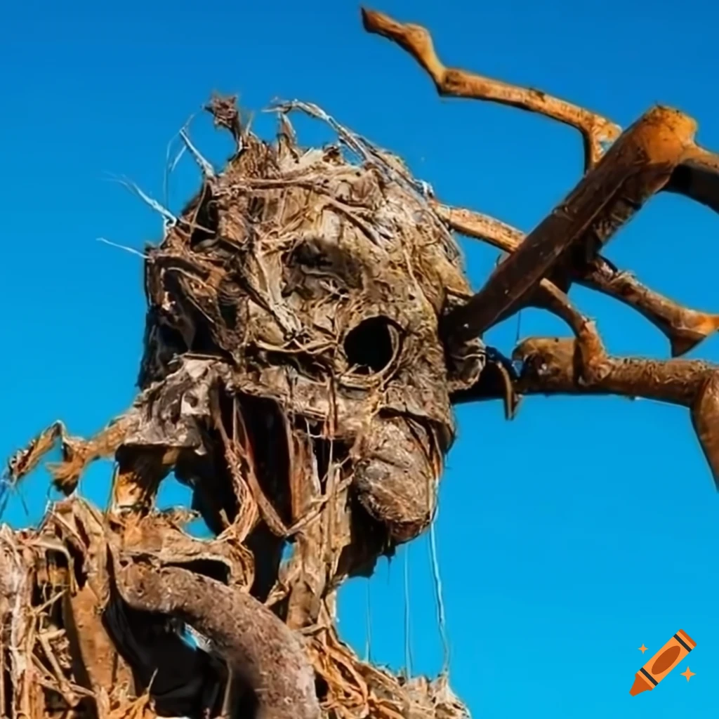 Destroyed statues in a post-apocalyptic junk garbage web under soft ...