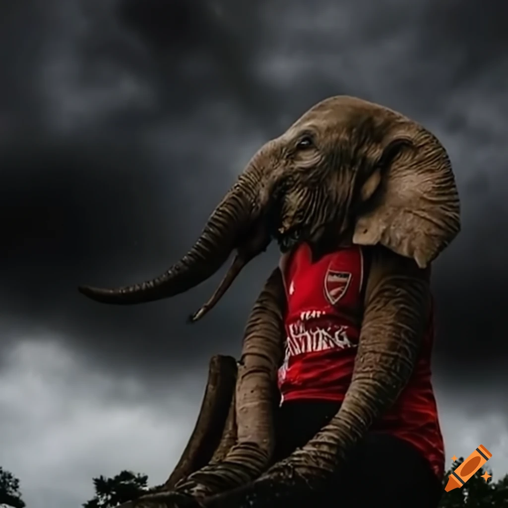 Image of an elephant in an Arsenal shirt with flying planes on Craiyon