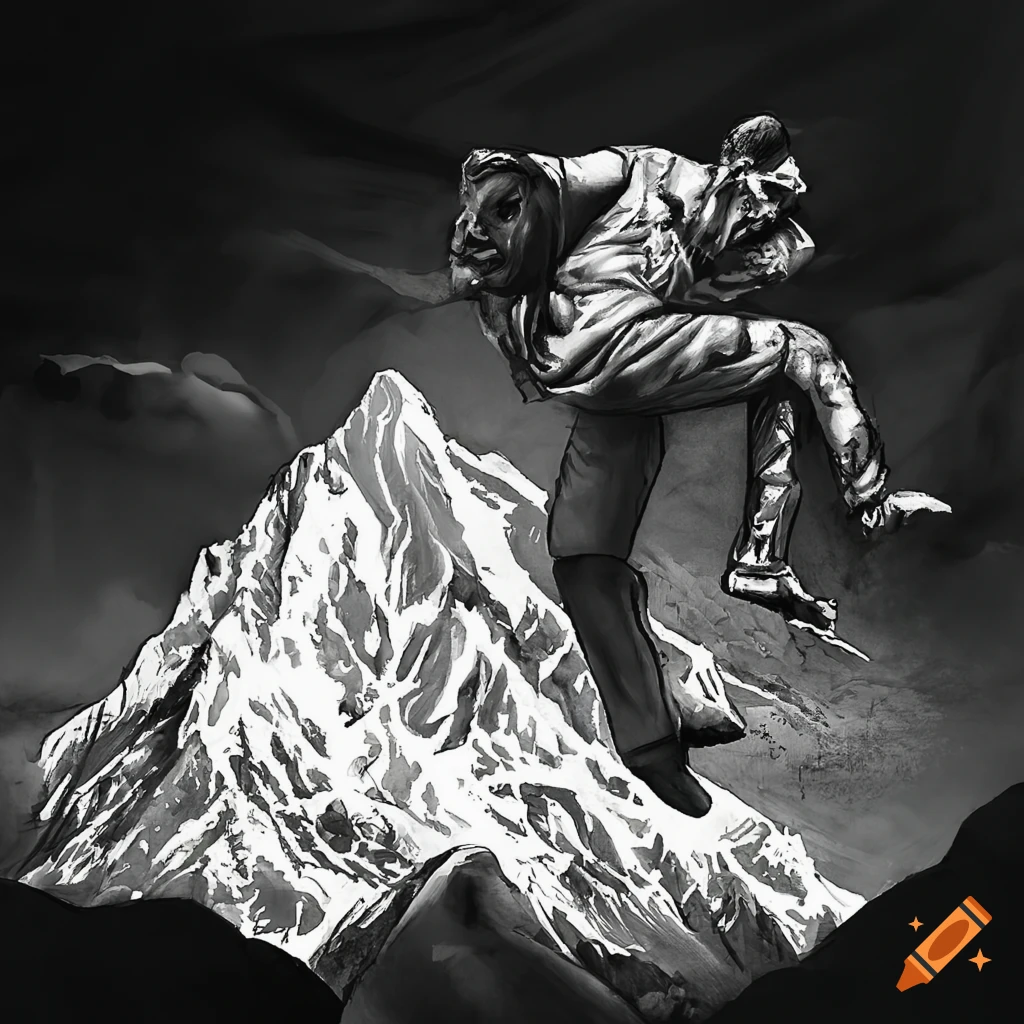 Hyper realistic painting of a man climbing a shaking mountain on Craiyon