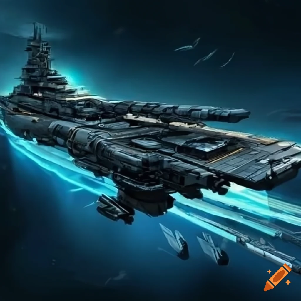 Spaceship and battleship in space on Craiyon