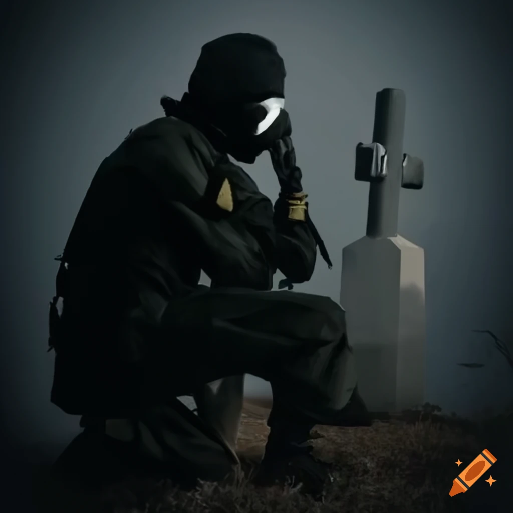 Image of a mournful soldier sitting at graves