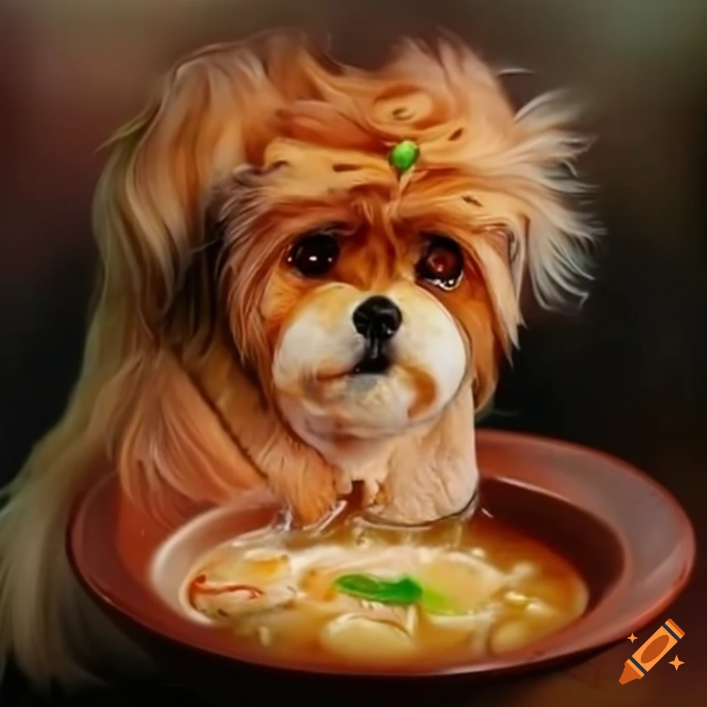 Furry shitzu dog cooking a delicious meal while wearing an apron on Craiyon