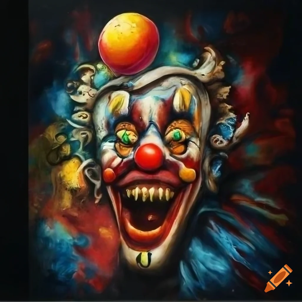 Surrealistic painting of a creepy circus clown with various objects on Craiyon