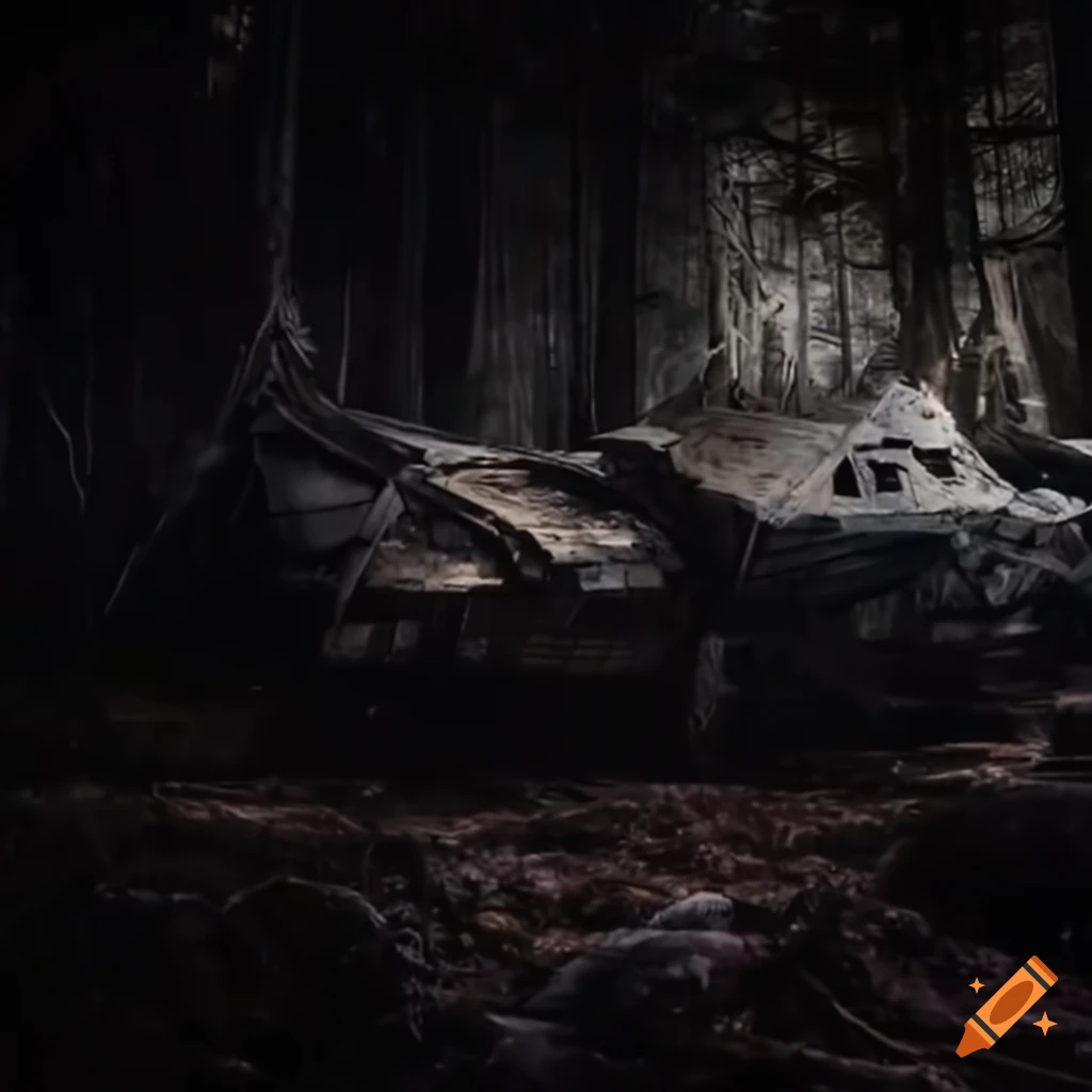 Crashed spaceship in a forest on Craiyon