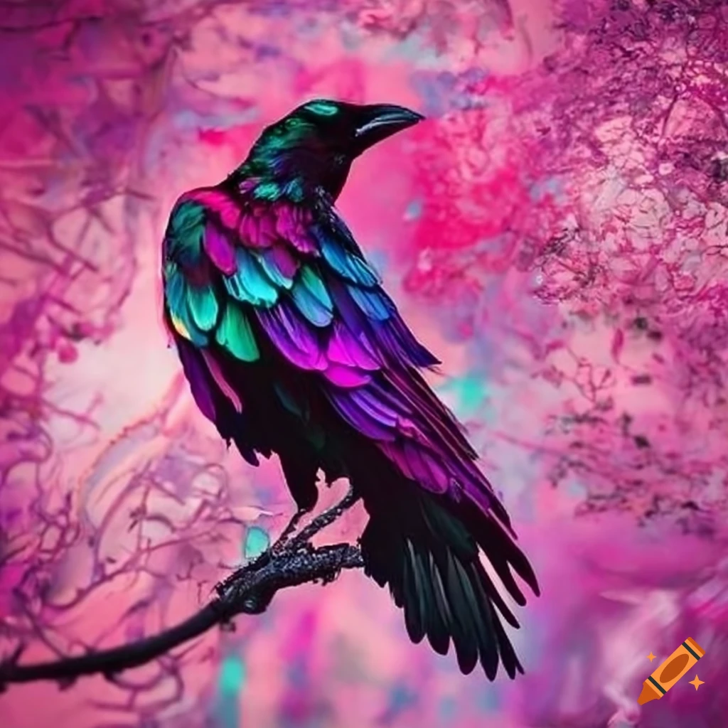 Colorful raven in a pink sky on Craiyon