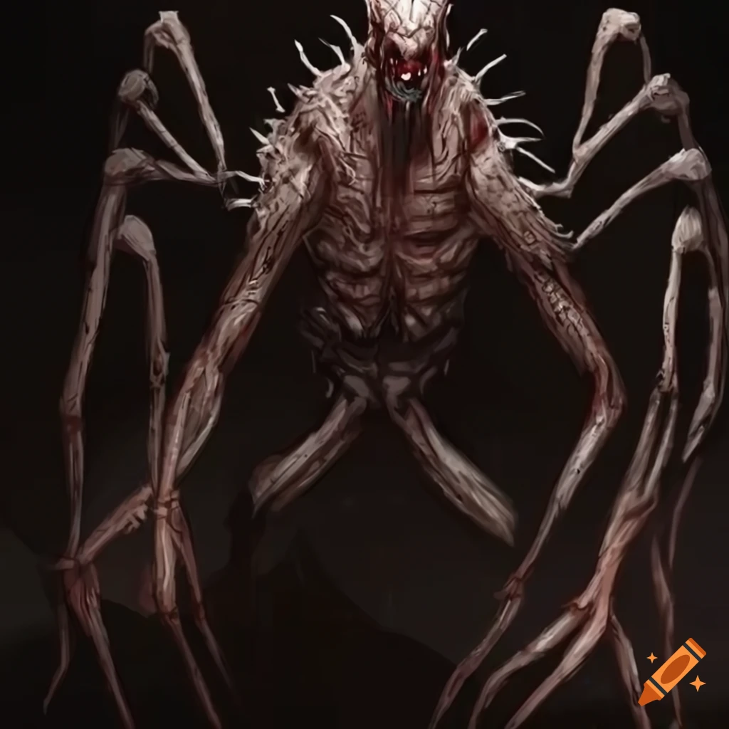 Concept art of a humanoid spider creature on Craiyon