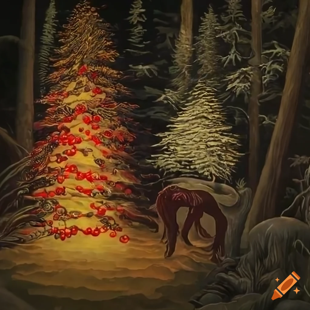 Intricate oil painting of a festive christmas forest scene on Craiyon