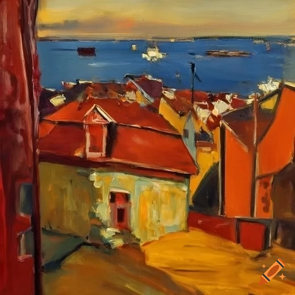 Colorful oil painting of rooftops viewed from above