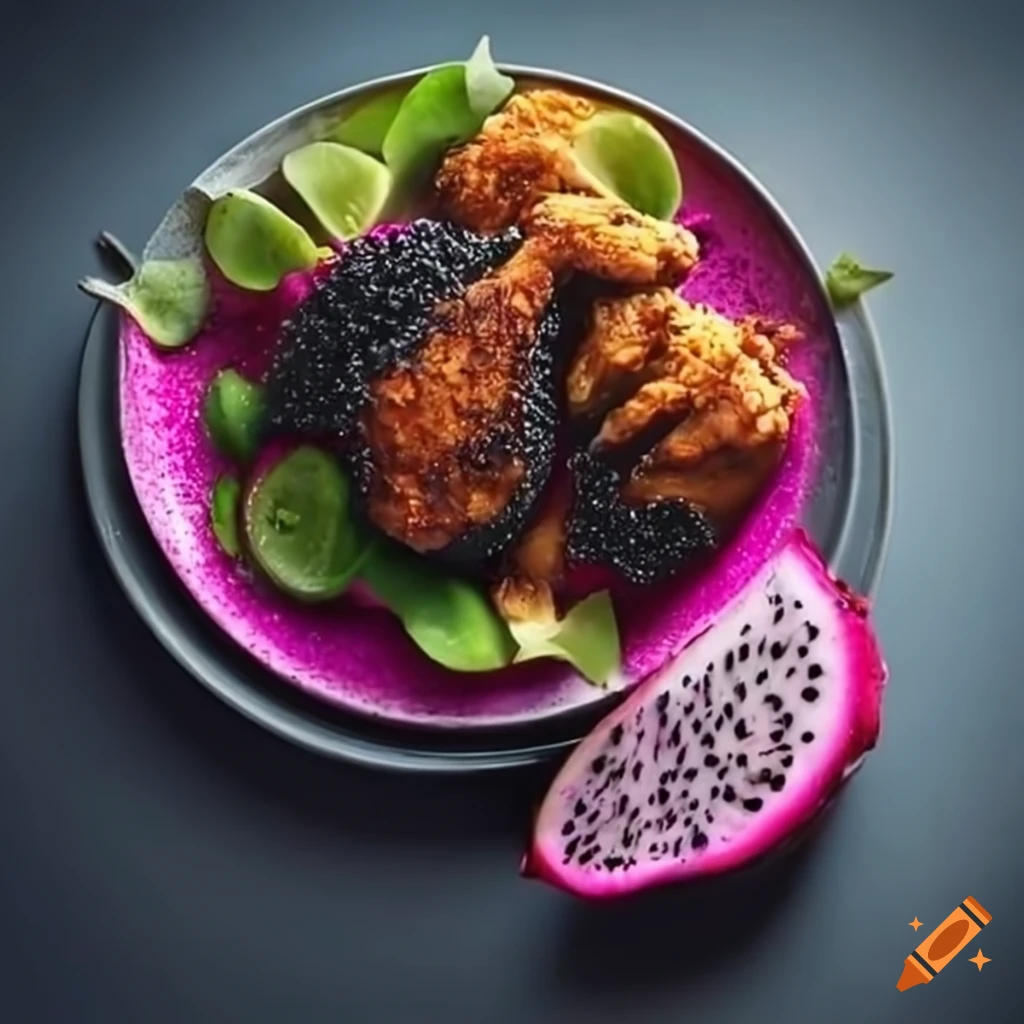 Crispy fried black chicken with dragon fruit on Craiyon