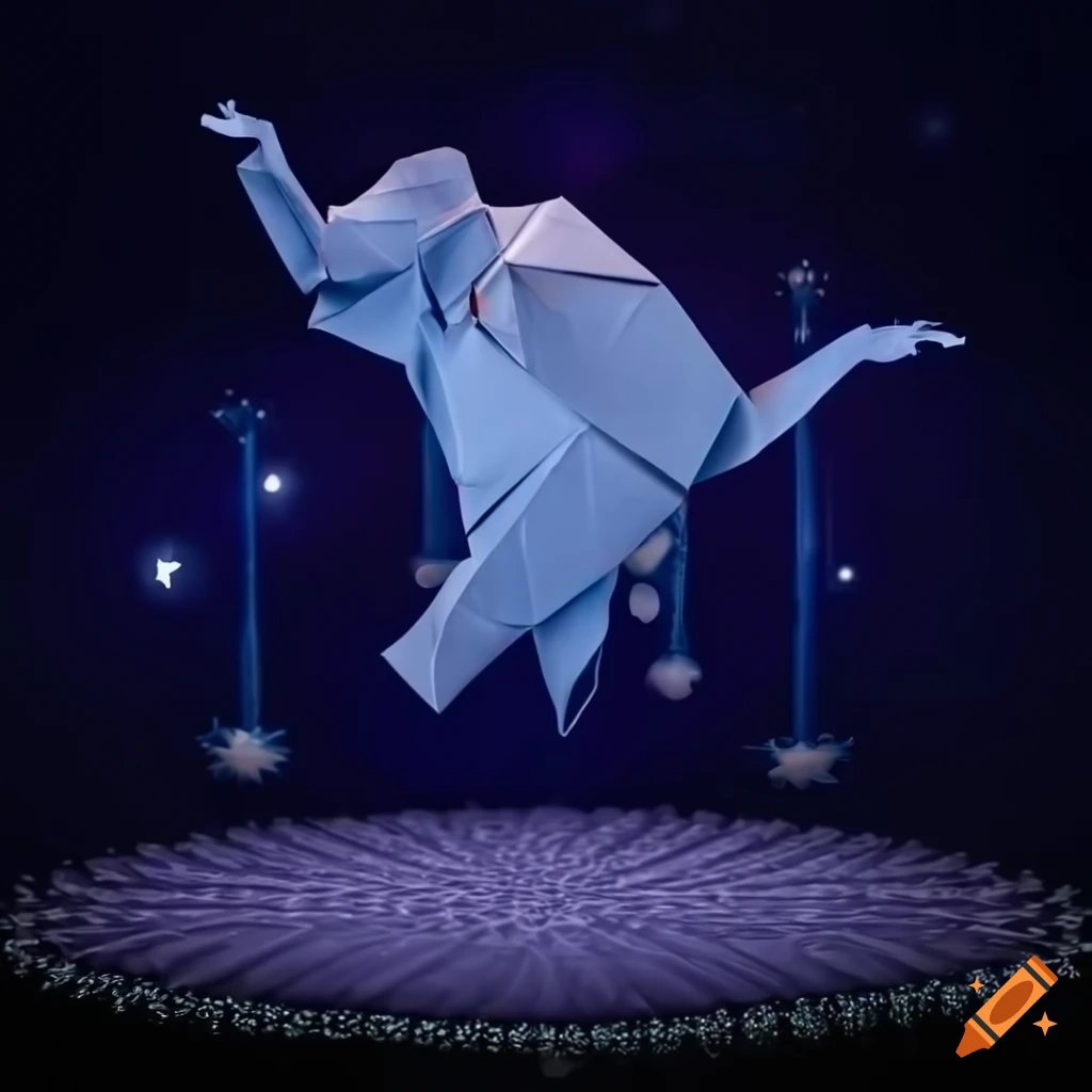 Elegant origami elephant dancing ballet