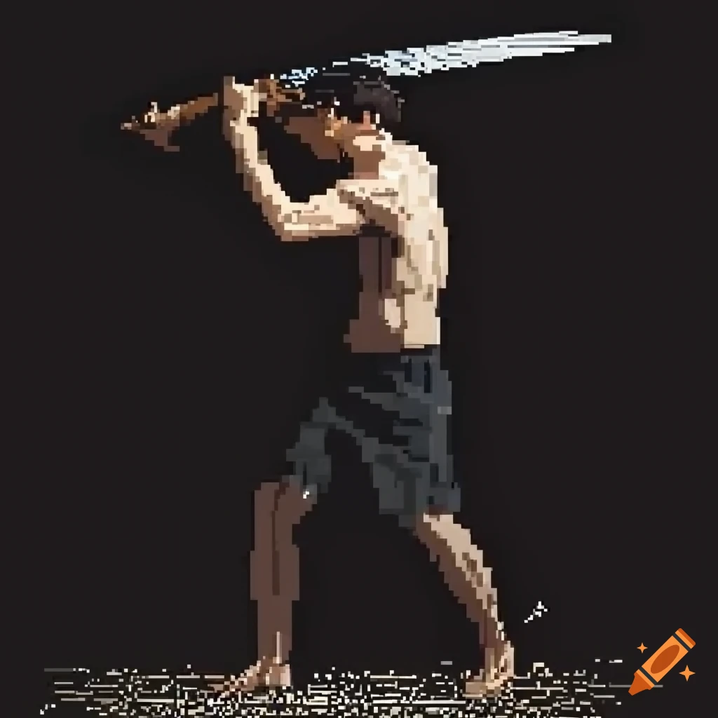 Pixel art of a fit man attacking with a sword