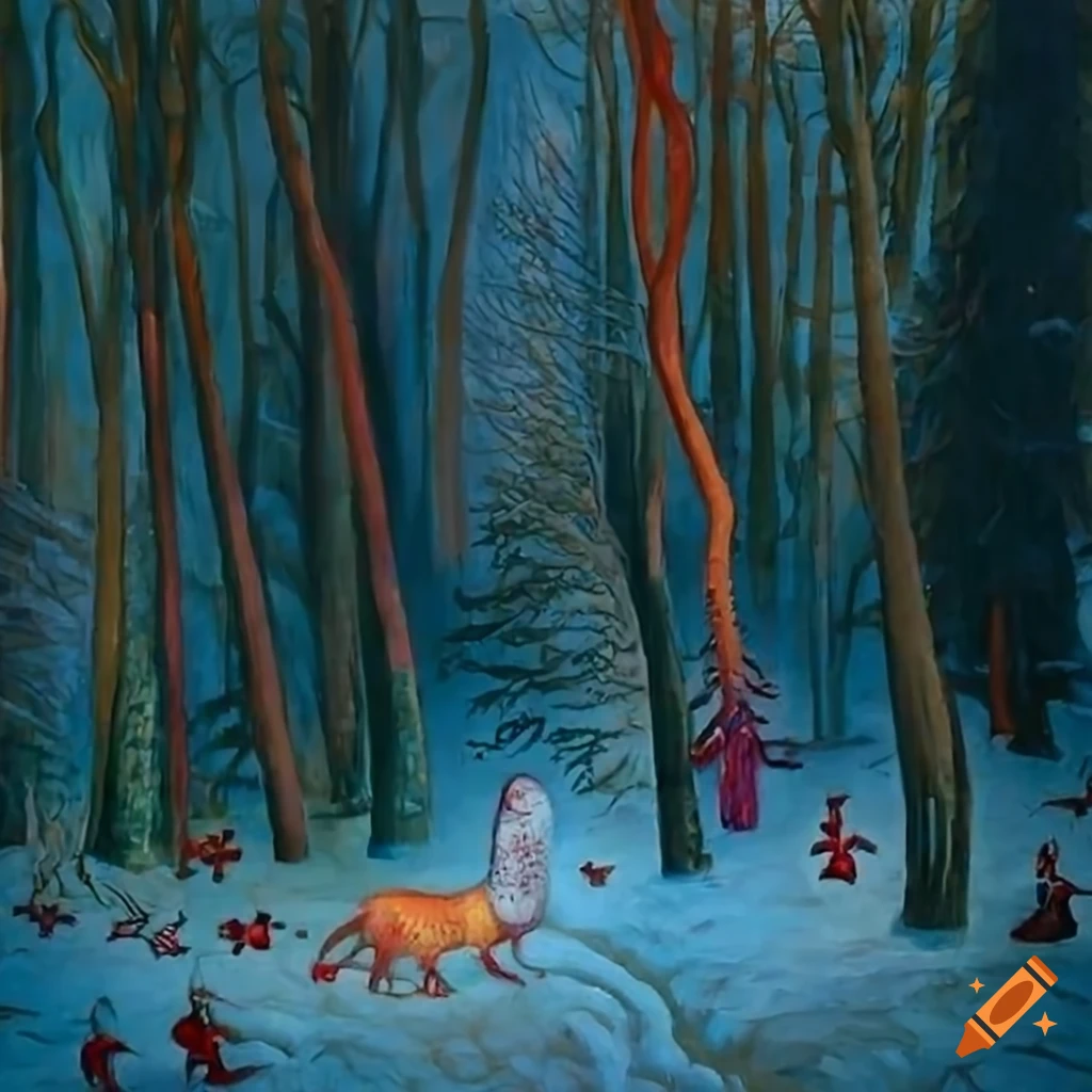 Intricate oil painting of a festive Christmas forest scene on Craiyon