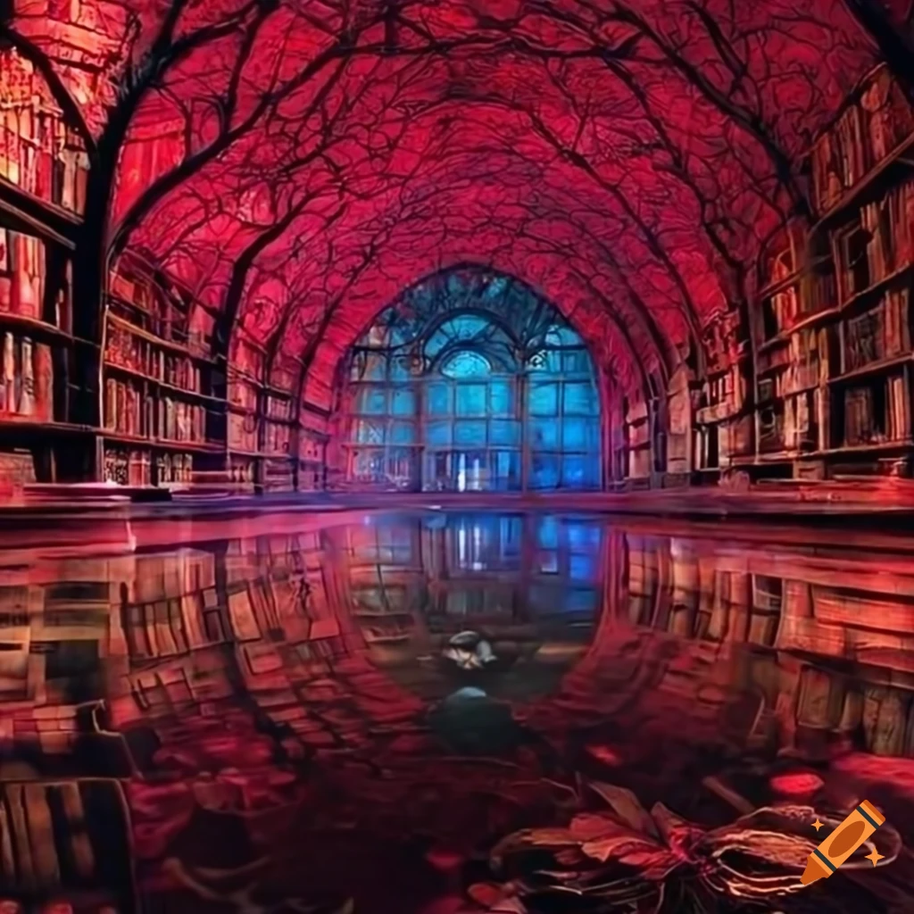 Glowing library with red vines and water floor on Craiyon